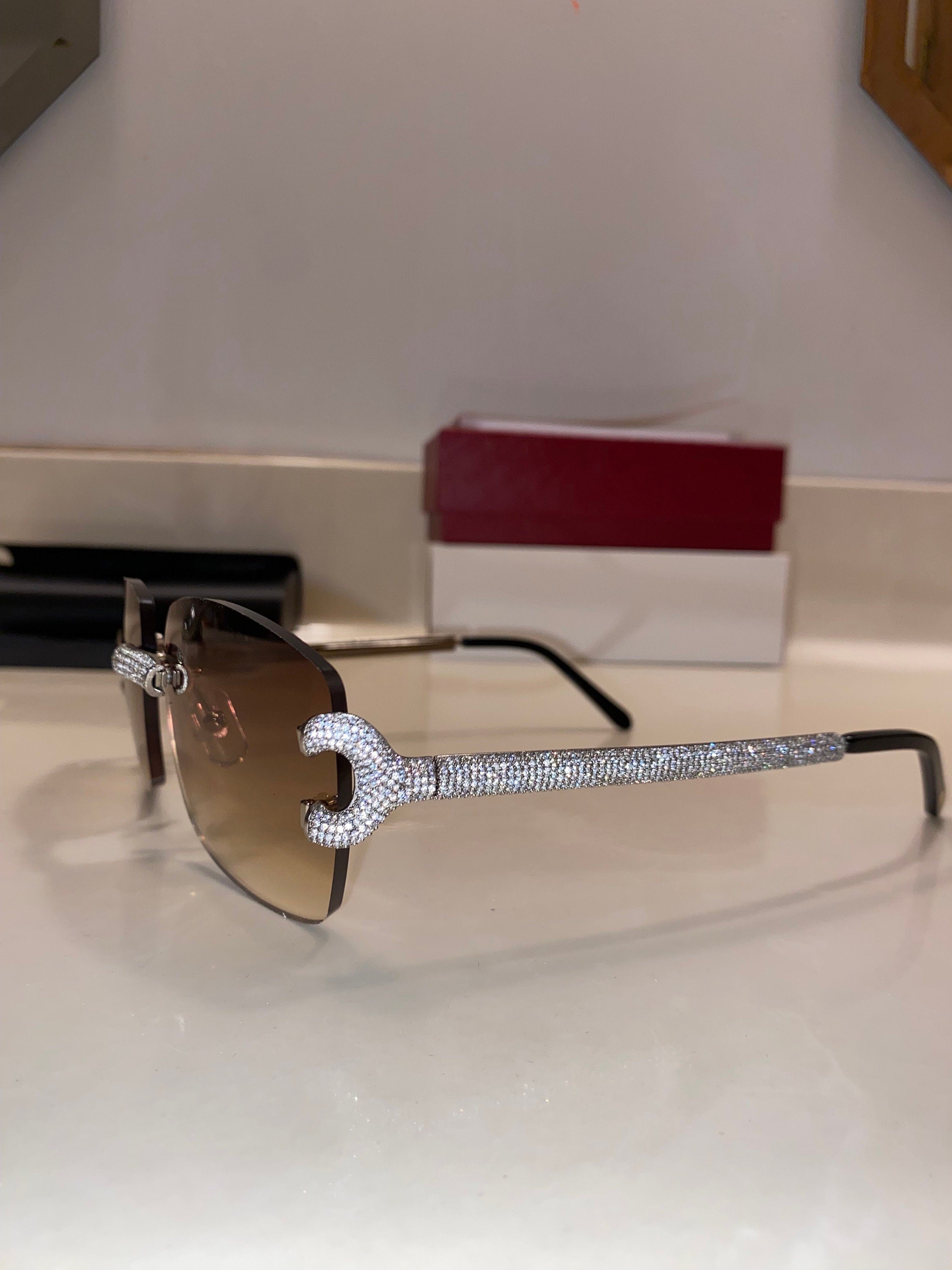 Iced out Rimless C Sunglasses Detroit style Buffs – KJFrames